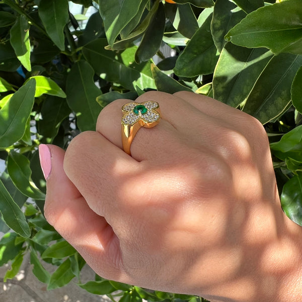 Silver gold plated emerald & cz clover ring – Gemma Azzurro